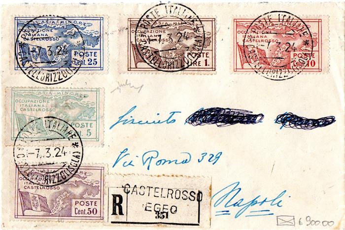 STORIA POSTALE COLONIE ITALIANE "CASTELROSSO" 1923