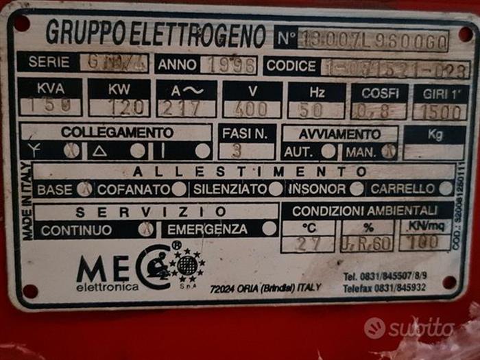 GRUPPO ELETTROGENO TRIFASE 140 KW PARI AL NUOVO