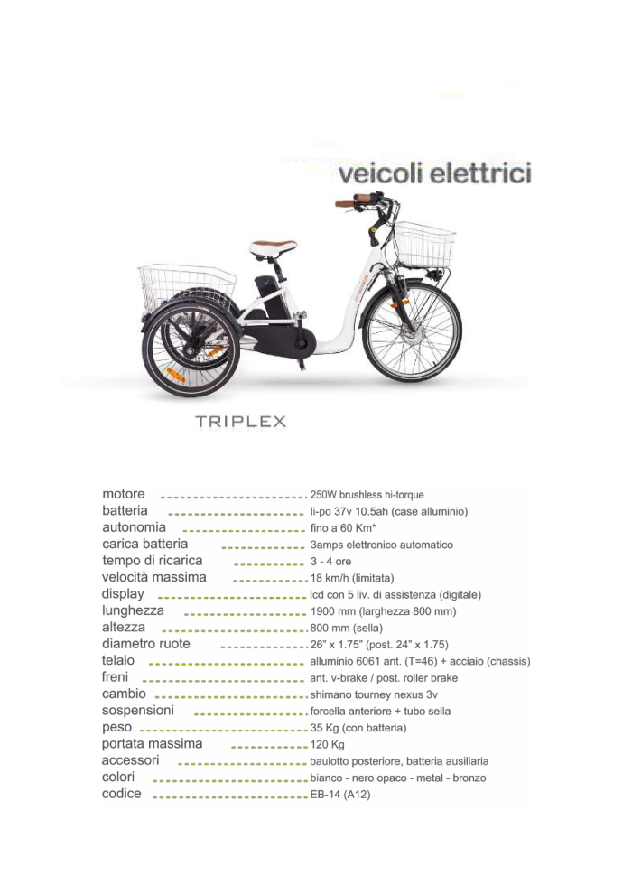 BICICLETTA 3 RUOTE GREEN SPARK TRIPLEX CON BATTERIA AL LITIO