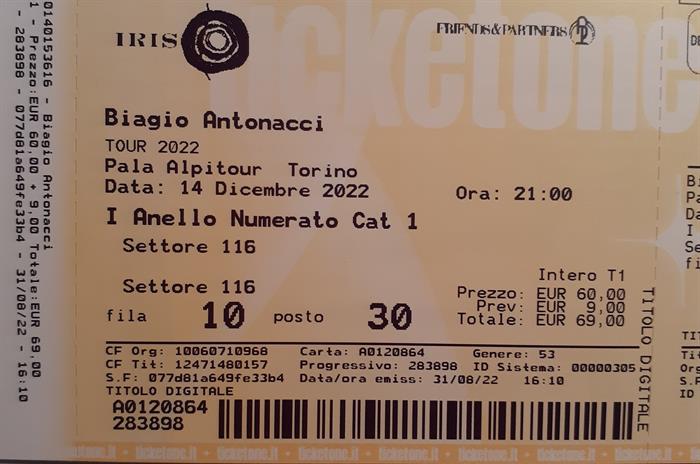 DUE BIGLIETTI CONCERTO ANTONACCI