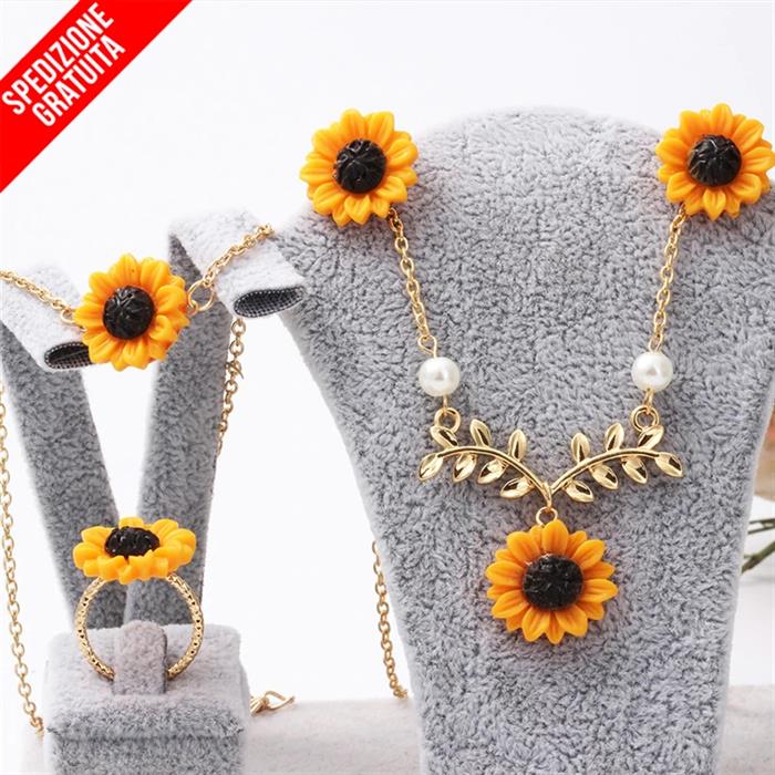 SET GIOIELLI COLLANA + ORECCHINI + ANELLO + BRACCIALE GIRASOLE ORO/ARGENTO/ROSA NUOVO