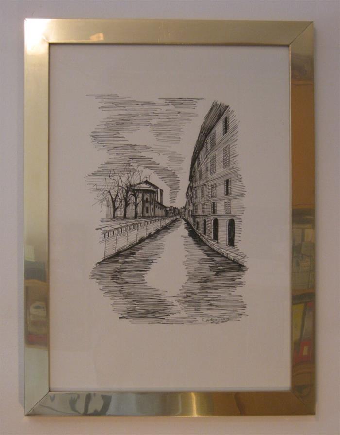 QUADRO DISEGNO A CARBONCINO CON CORNICE IN OTTONE