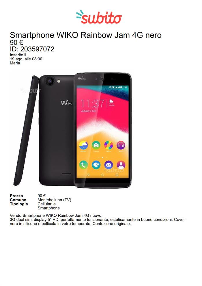 SMARTPHONE WIKO RAINBOW JAM 4G NERO