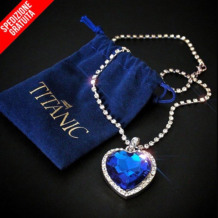 SET GIOIELLI COLLANA + ORECCHINI + BRACCIALE TITANIC CUORE BLU DELL`OCEANO NUOVO