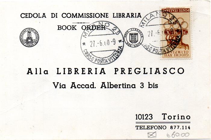 CEDOLA DI COMMISSIONE LIBRARIA 1960