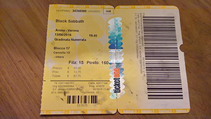 BIGLIETTO DA COLLEZIONE BLACK SABBATH VERONA 13/06/16 (GRADINATA NUMERATA)