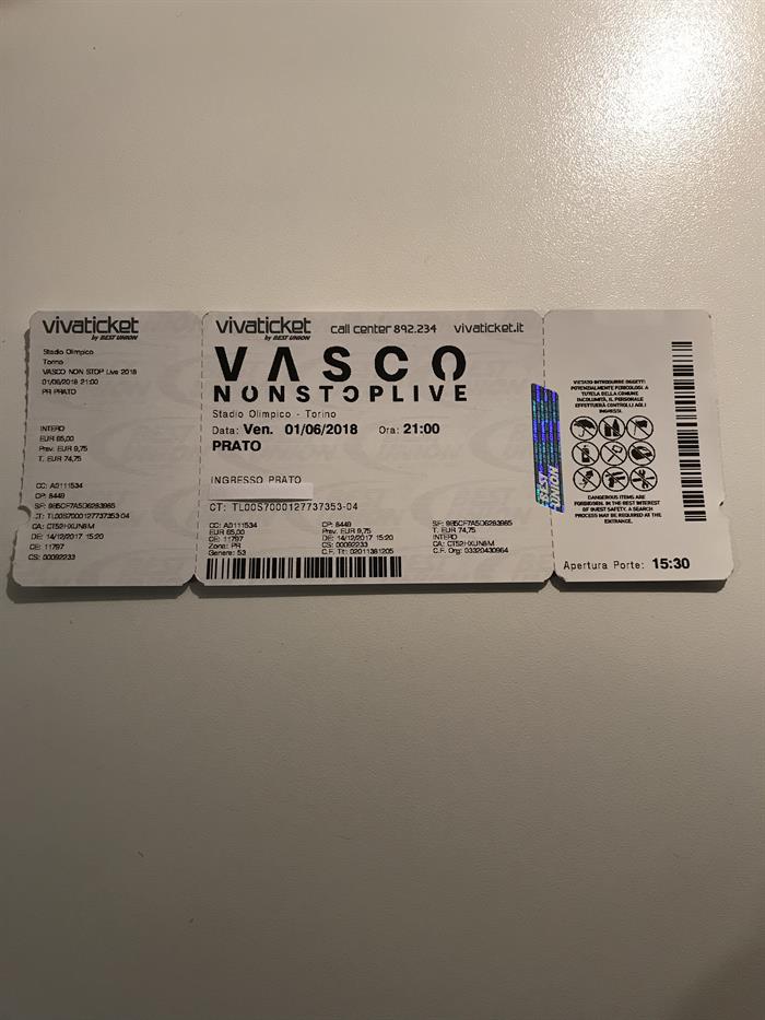 BIGLIETTI VASCO TORINO 1/6/18 PRATO