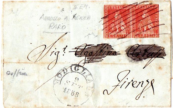 STORIA POSTALE ANTICHI STATI, TOSCANA 1857+CERT.