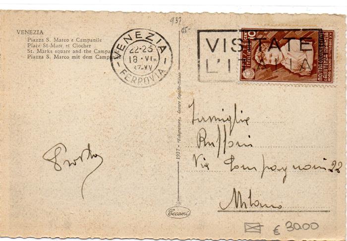 STORIA POSTALE REGNO 1937 CARTOLINA VENEZIA