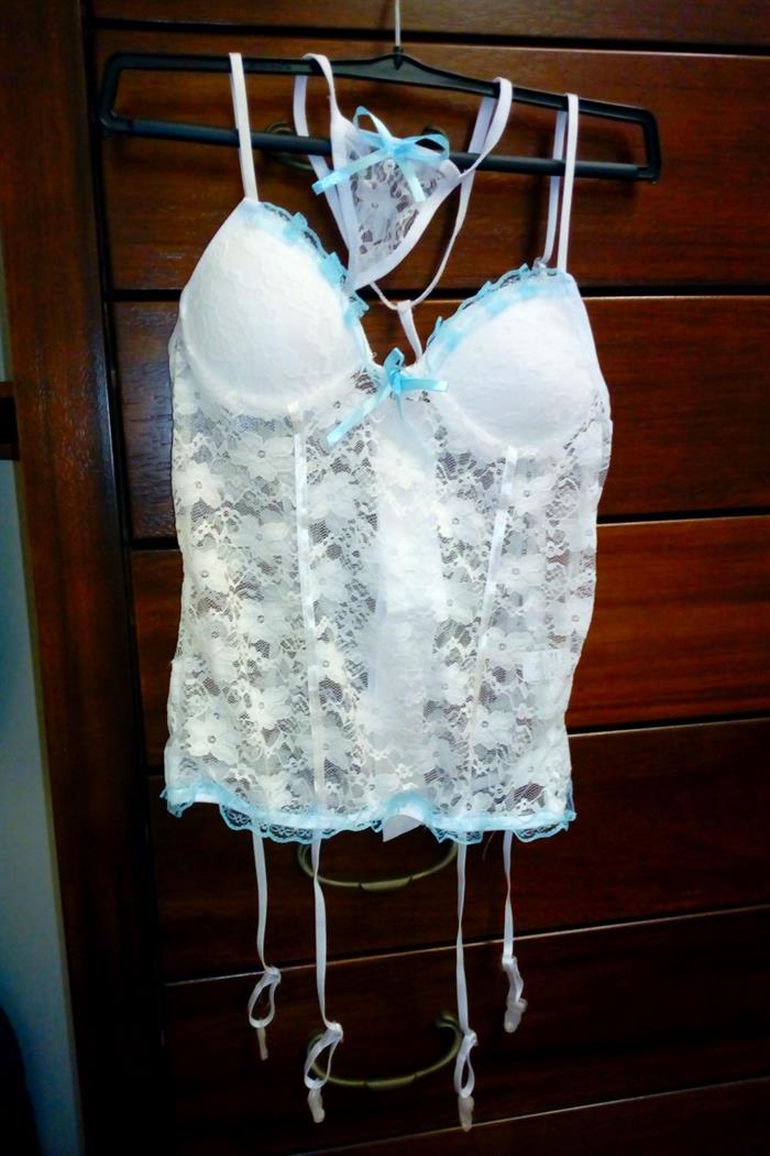 COMPLETINO INTIMO LINGERIE SEXY BABYDOLL PIU` PERIZOMA BIANCO/CELESTE NUOVO